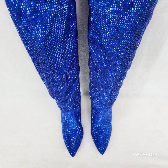 Mata Shoes | Shoes | Vegas Blue Rhinestone Over The Knee Thigh Boots ...
